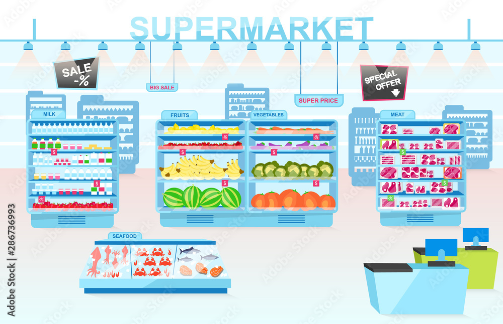 Supermarket departments flat vector illustration. Shelves with ...