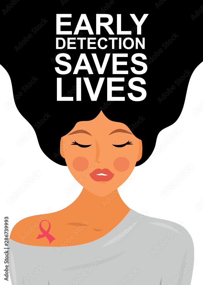Early detection saves lives.Woman portrait with pink ribbon - symbol of ...