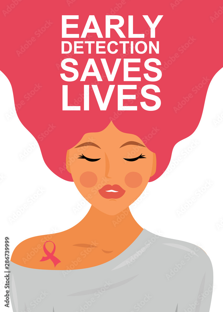 Early detection saves lives.Woman portrait with pink ribbon - symbol of breast cancer. Breast ...