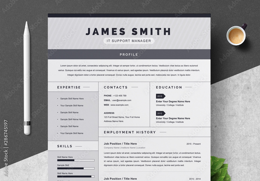 Resume Layout Set with Gray Elements Stock Template | Adobe Stock