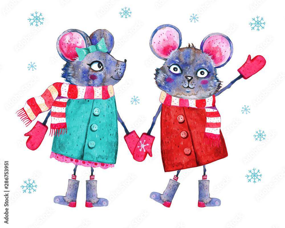 Cartoon mouse characters couple. Hand drawn watercolor illustration ...