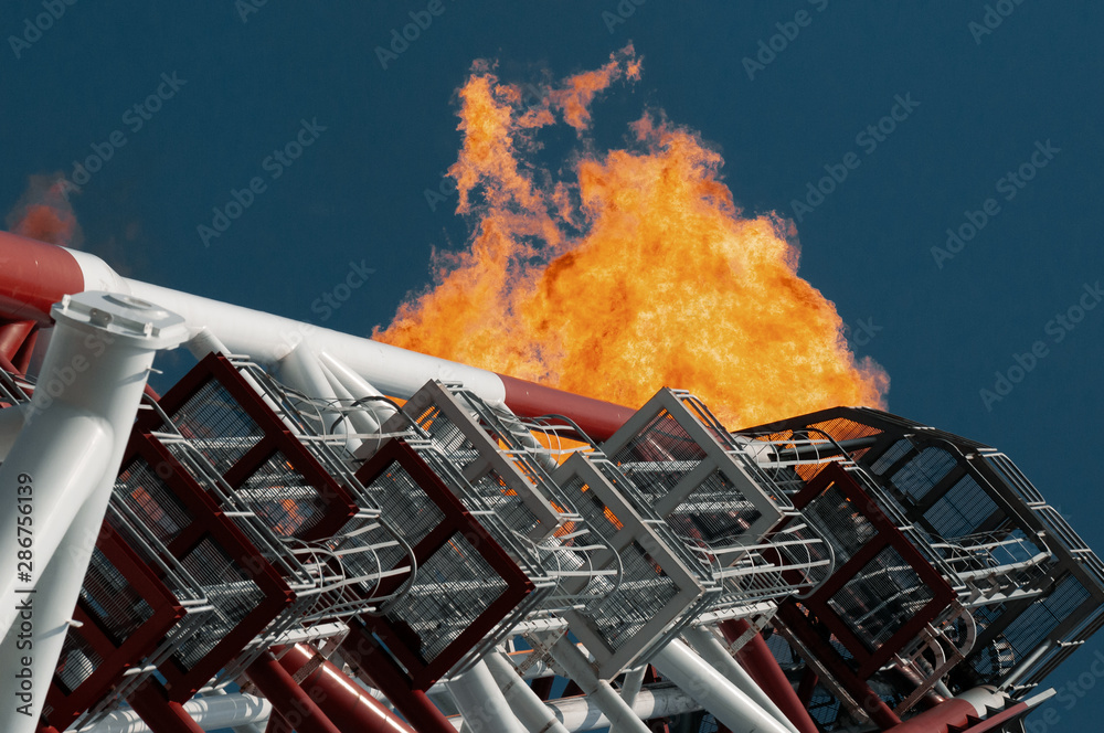 Flare boom nozzle and fire on offshore vessel oil rig Stock Photo ...