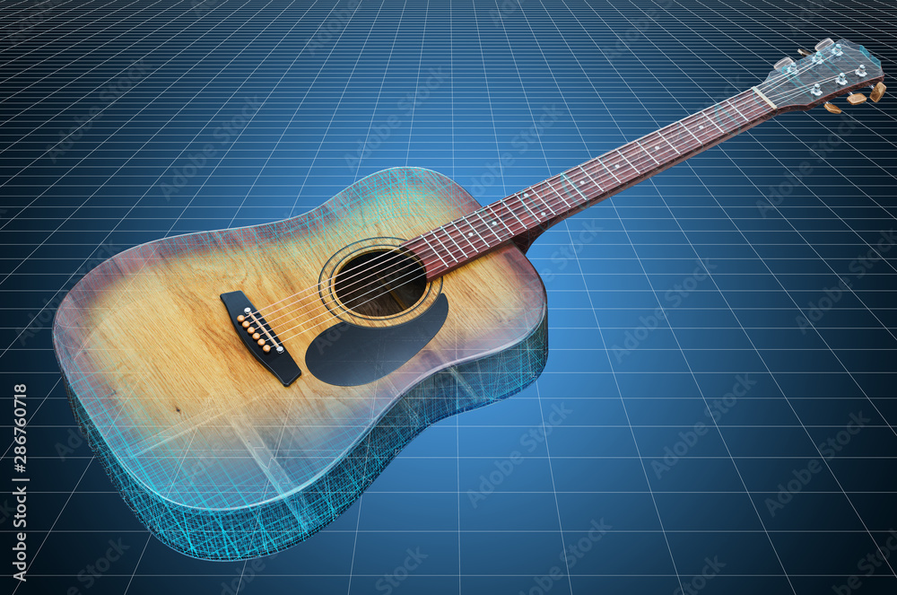 Visualization 3d cad model of acoustic guitar, blueprint. 3D rendering ...