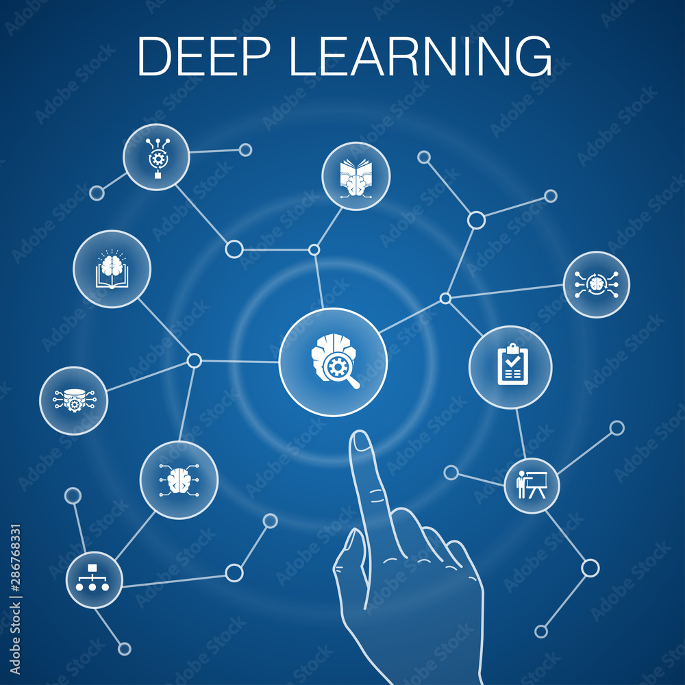 Deep learning concept, blue background. algorithm, neural network, AI ...