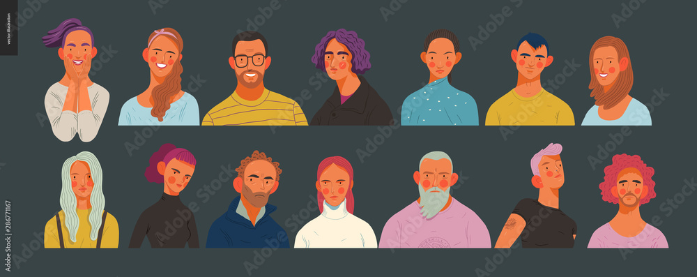 Real people portraits set - hand drawn flat style vector design concept ...