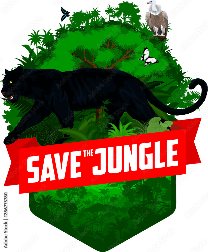 vector jungle rainforest emblem with black panther, Griffon vulture and ...