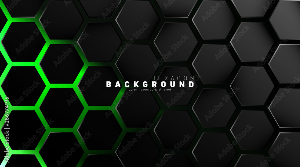 Abstract black hexagon pattern on green neon background technology style. Honeycomb. Vector ...