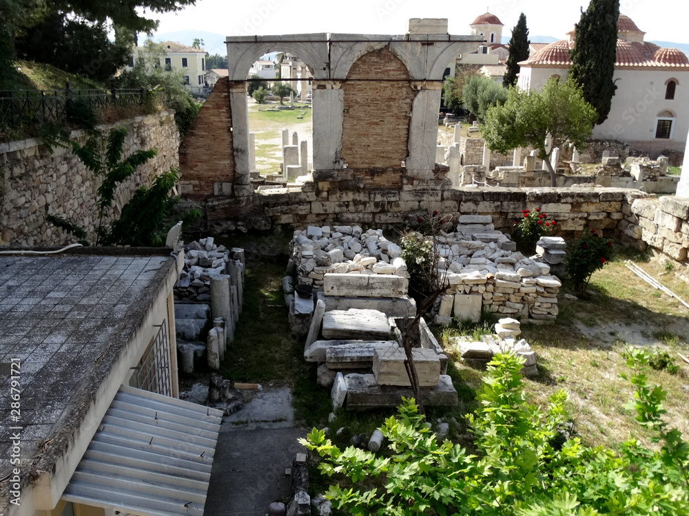 Ruins of Roman Agora complex in Athens city in Greece. The Roman Agora ...