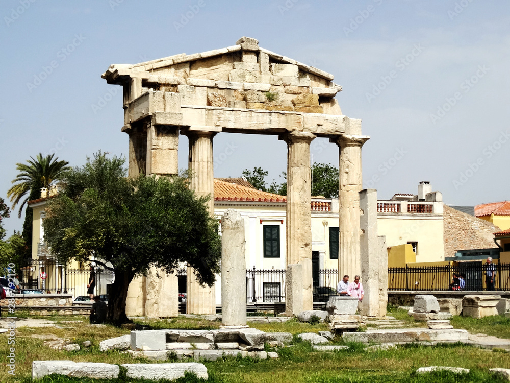 Ruins of Roman Agora complex in Athens city in Greece. The Roman Agora ...