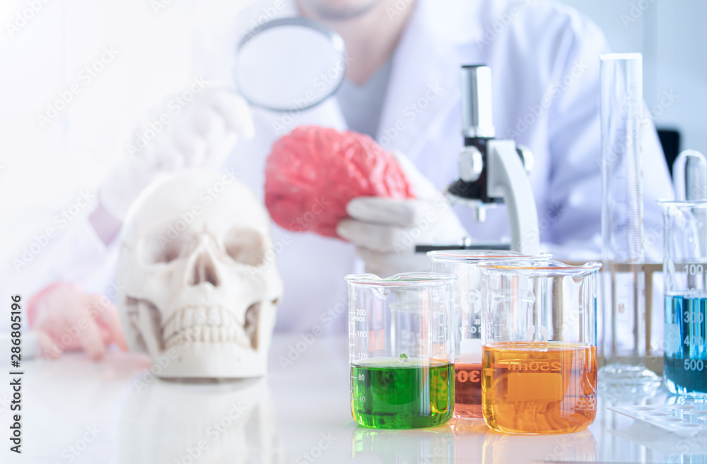 Laboratory microscope for scientific research with blurry background of ...