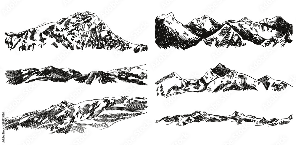 Vector Collection of Hand Drawn Mountains and Hills Isolated on White ...