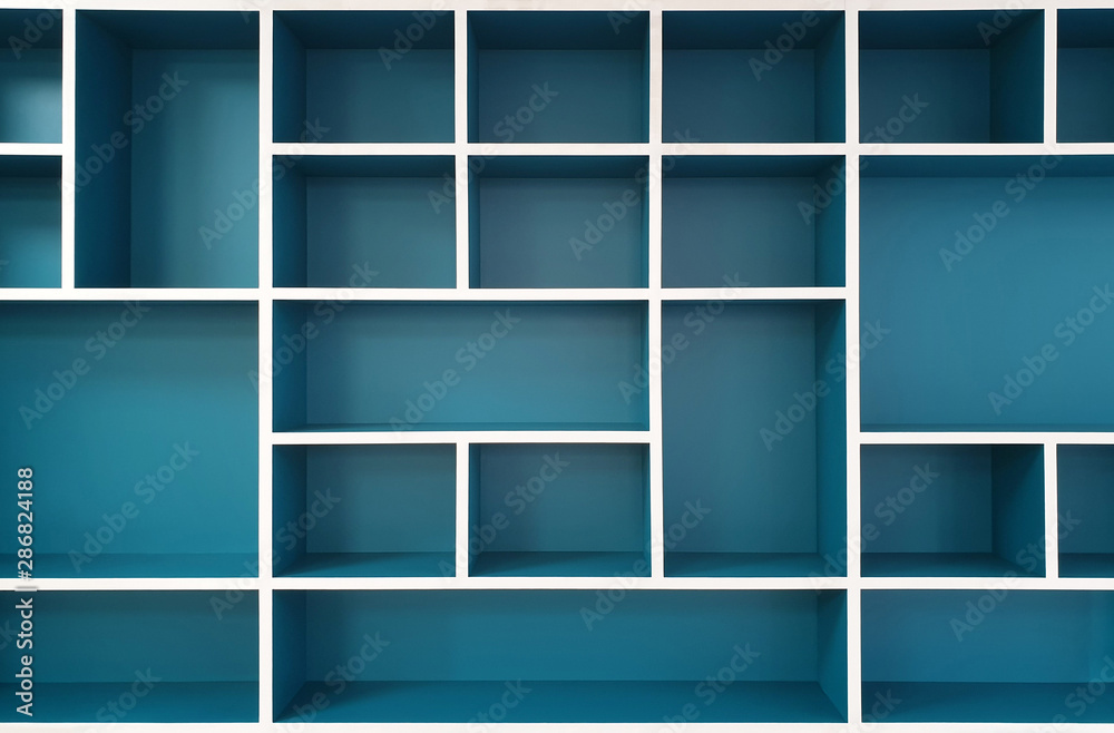 Empty closet shelves background. Modern wooden wardrobe boxes ...