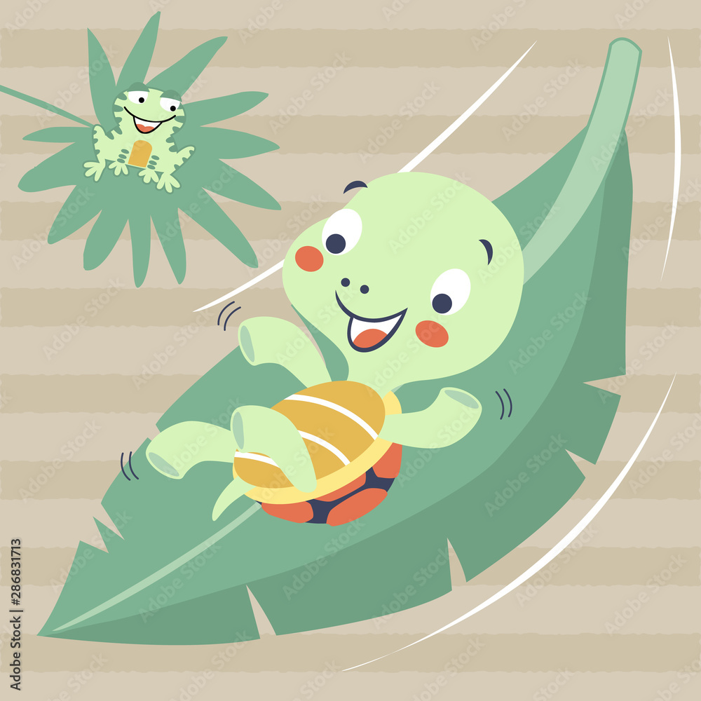 cute turtle slide down on leaf, vector cartoon illustration Stock ...