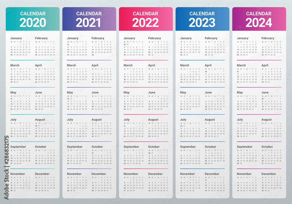 Year 2020 2021 2022 2023 2024 calendar vector design template Stock ...