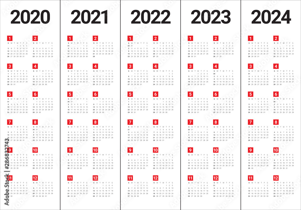 Year 2020 2021 2022 2023 2024 calendar vector design template Stock ...