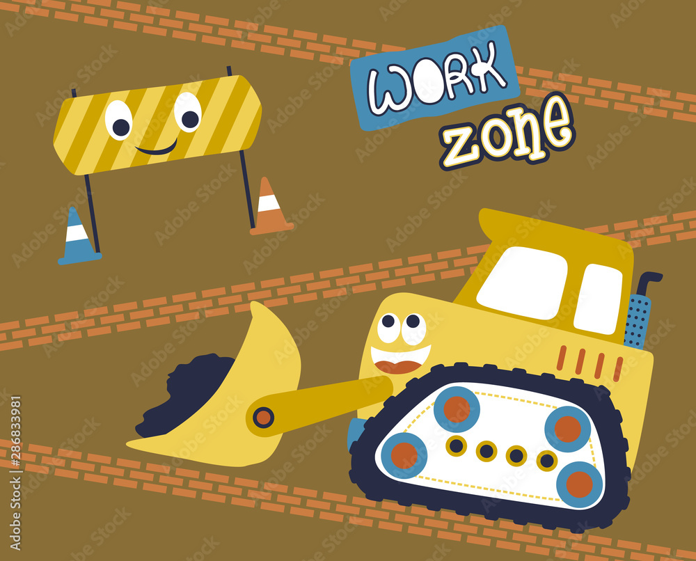 work zone with funny construction vehicle and construction sign, vector ...