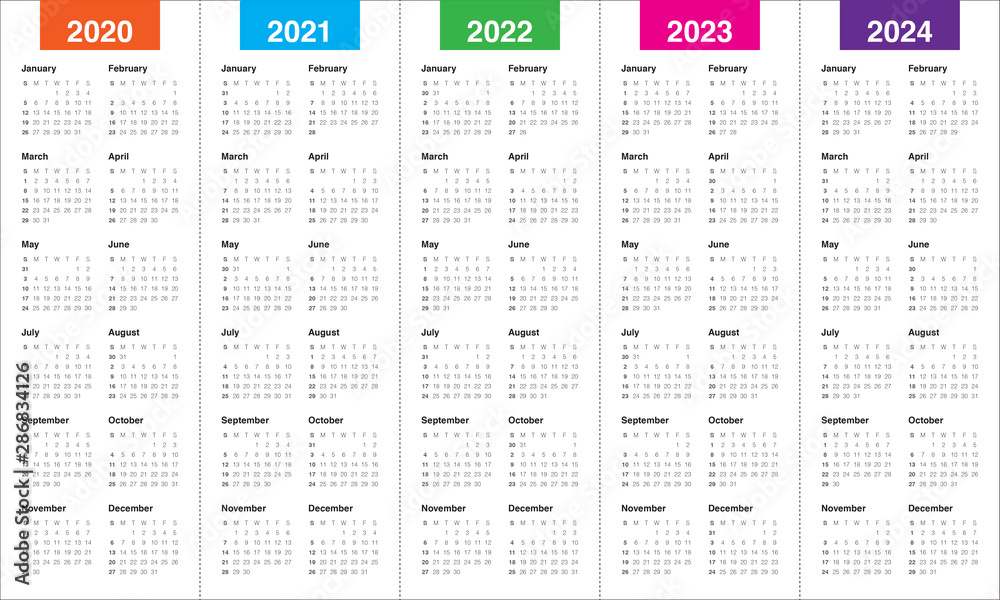 Year 2020 2021 2022 2023 2024 calendar vector design template Stock ...