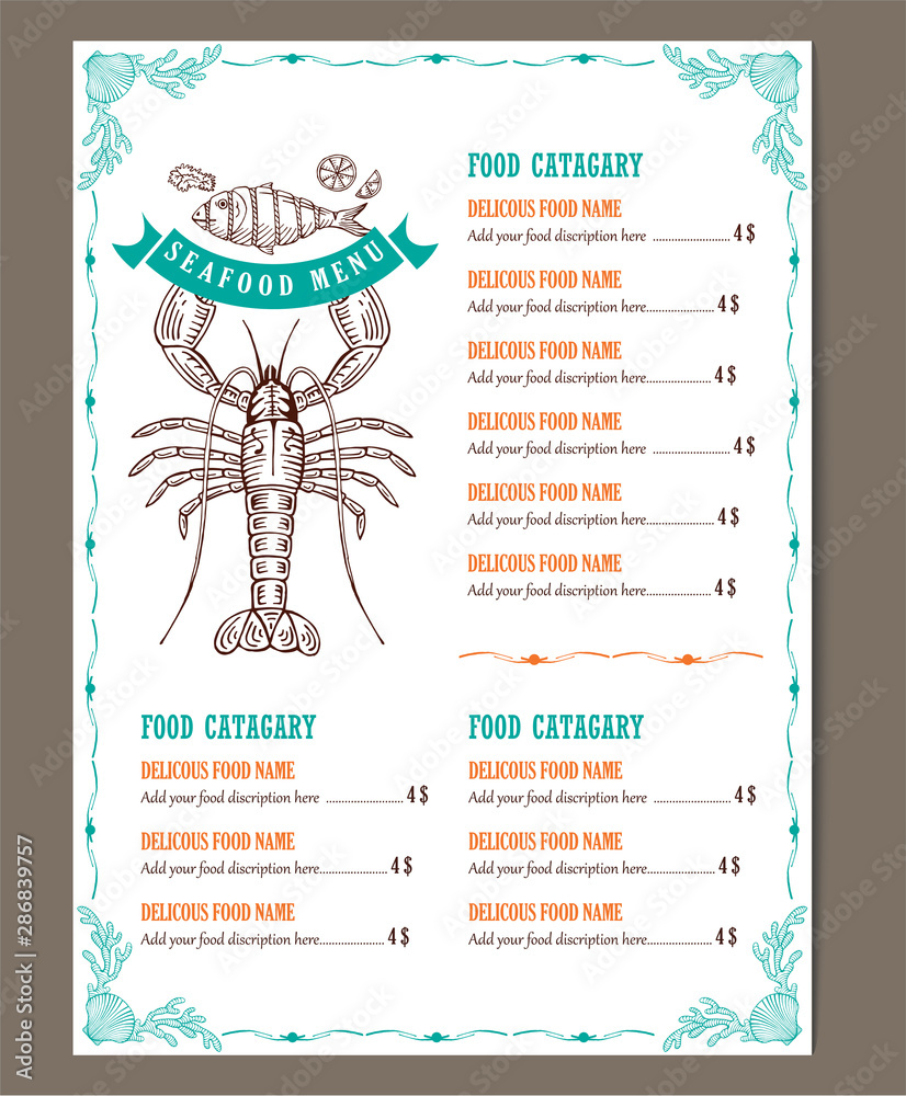 seafood restaurant menu template design Stock Vector | Adobe Stock