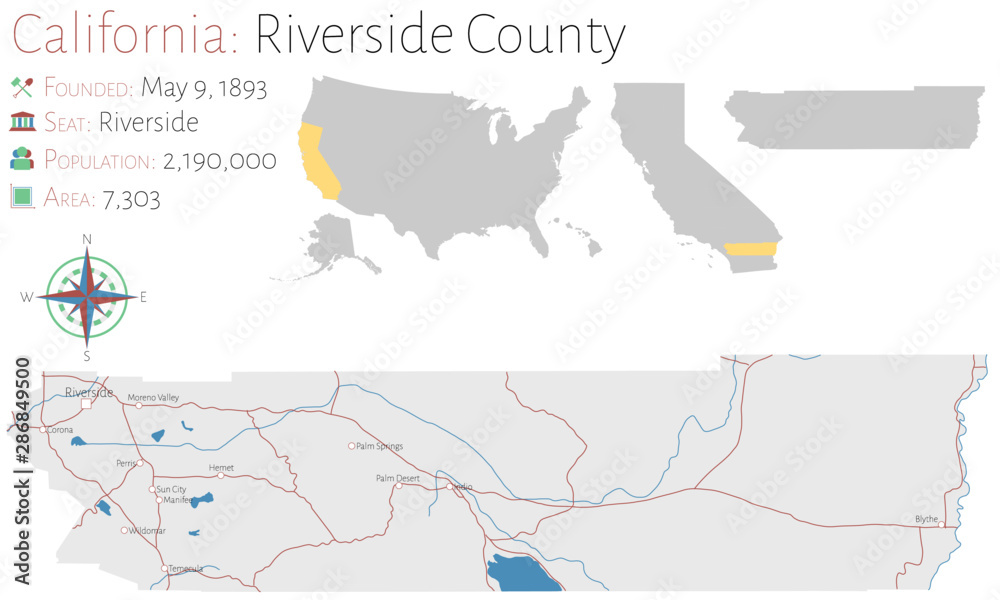 Large and detailed map of Riverside county in California, USA Stock ...