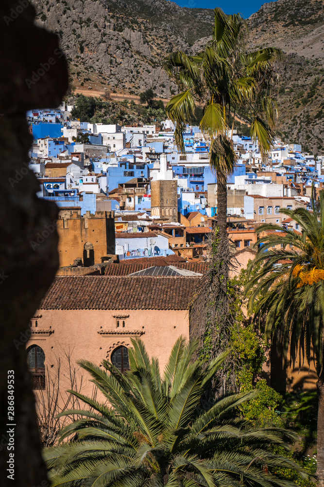 Facades of houses built on the hill of the mountain, in the Rif Valley ...