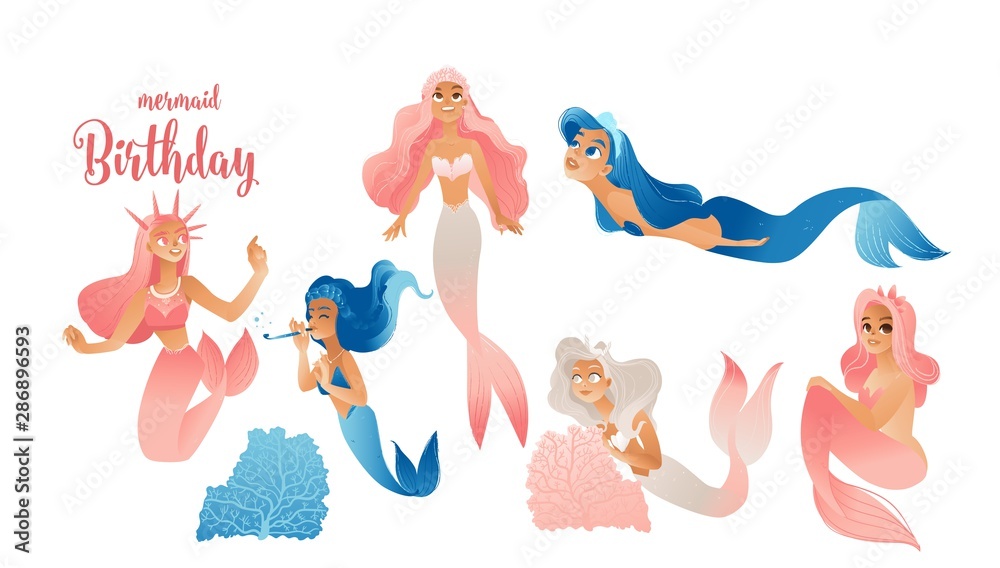 Cute cartoon mermaid birthday girls set isolated on white background ...