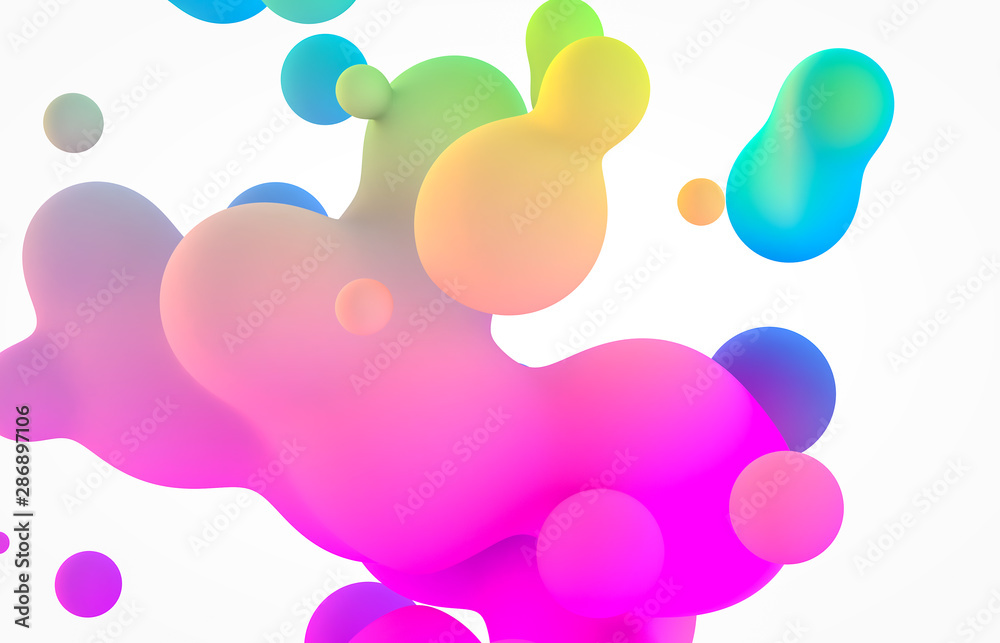Abstract colorful 3d art background. Holographic floating liquid blobs, soap bubbles, metaballs ...