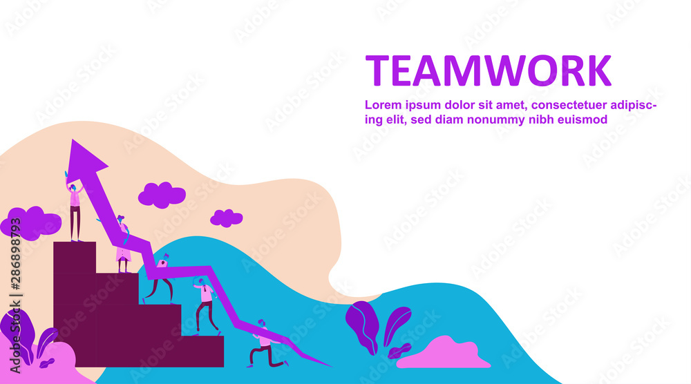 Vector teamwork concept. Little business people together trying to climb up stairway standing ...