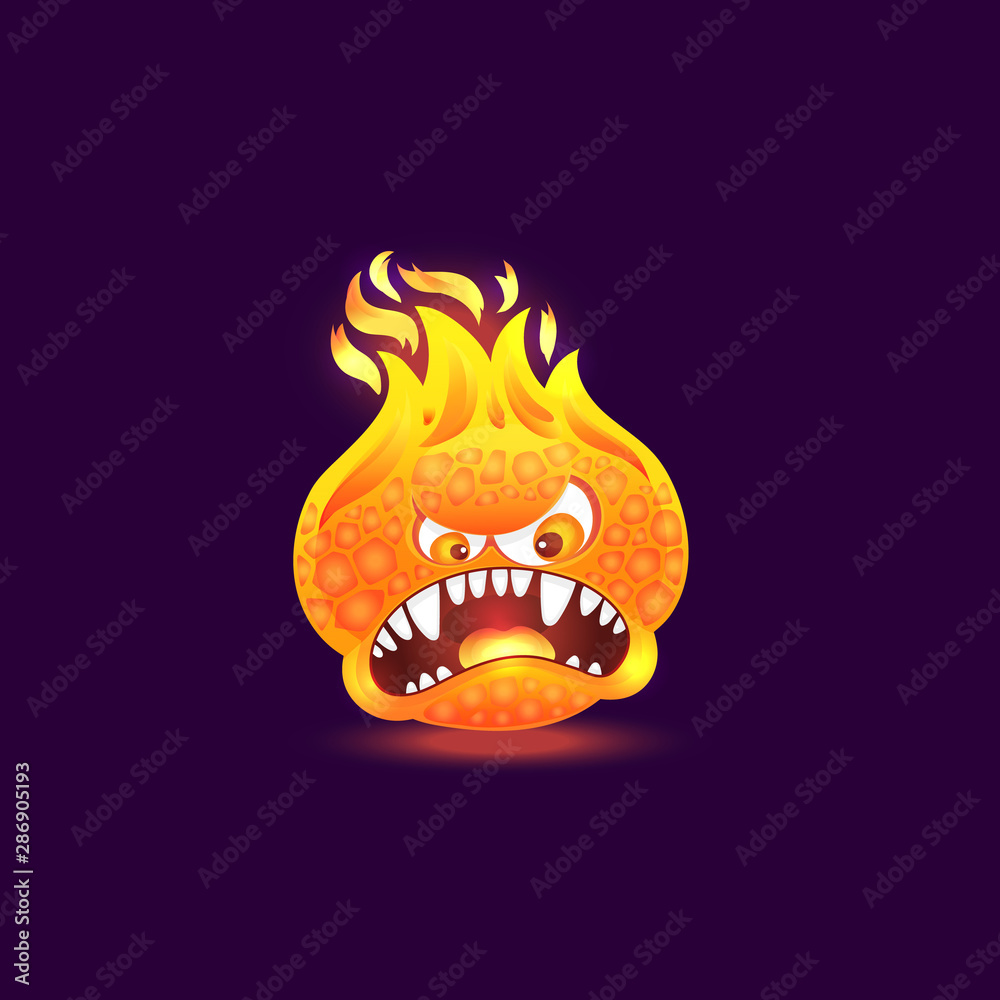 Stockvector Orange fire monster with angry face and open mouth full of ...