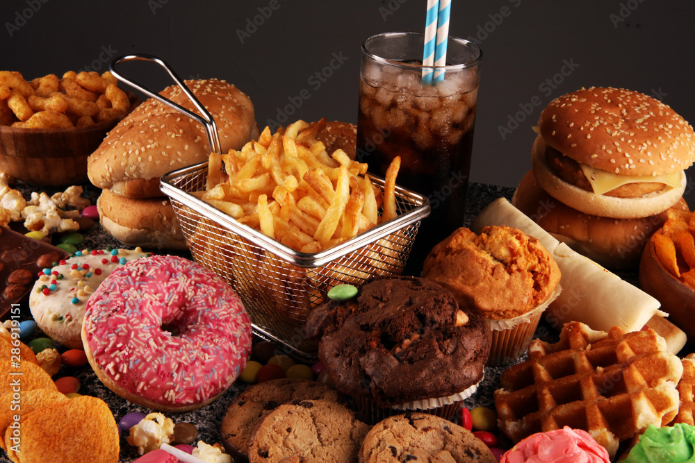 Unhealthy products. food bad for figure, skin, heart and teeth. Stock ...