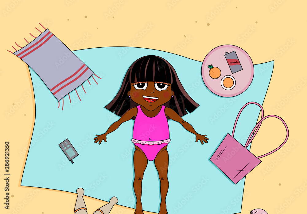 Beautiful young girl tanning. Cartoon vector illustration. African ...