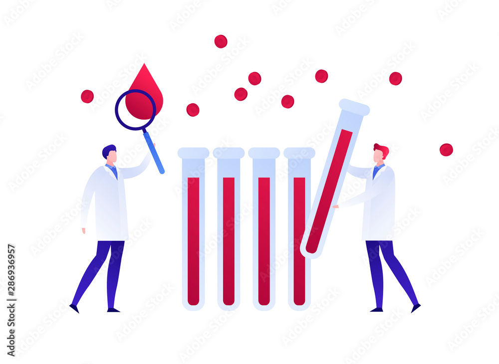 Vector flat blood laboratory character illustration. Medic team with ...