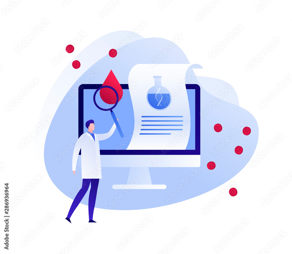 Vector flat blood laboratory character illustration. Medic team with ...
