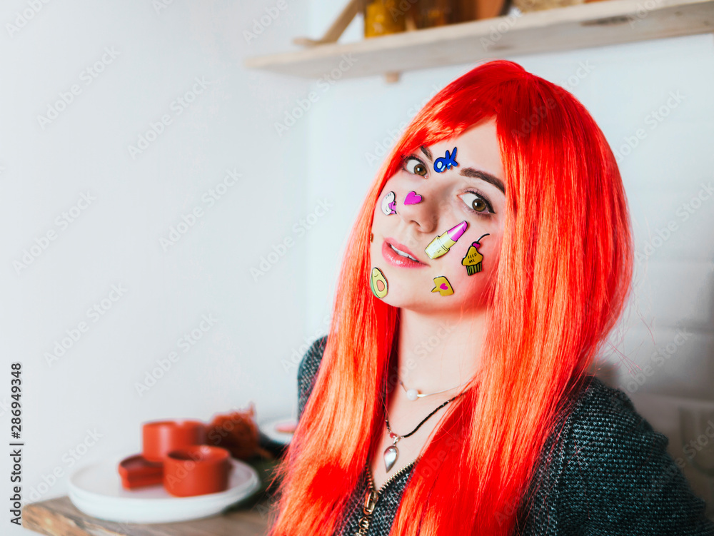 Young woman with popular emoji smiles stickers for cellphone android or ...