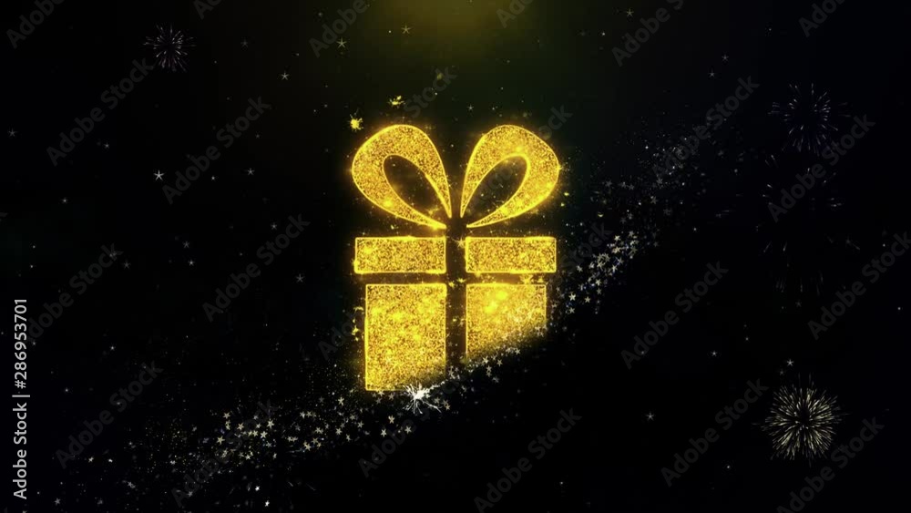 Ribbon Gift Box Present Icon on Gold Glitter Particles Spark Exploding ...