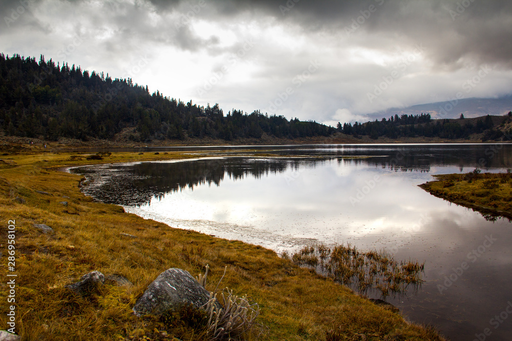Lagoon in the Andean moorland of Merida, Venezuela, the water reflects ...