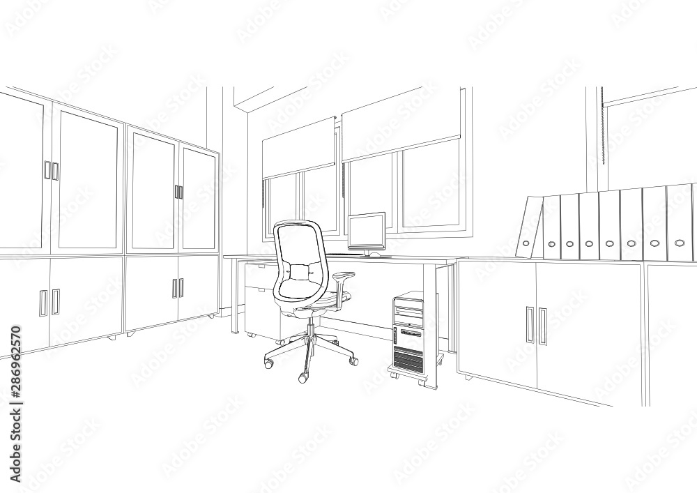 interior outline sketch drawing perspective of a space office ...