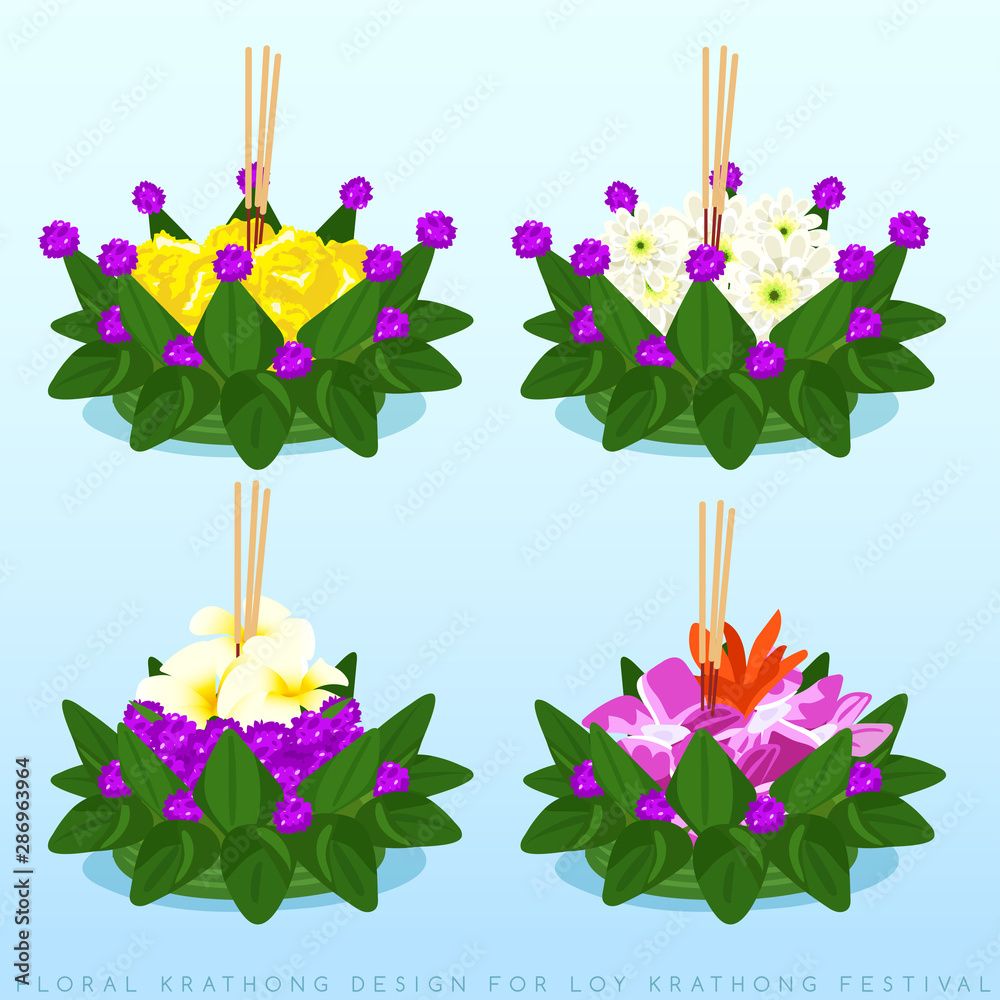 Loy Krathong, Set of Krathong design isolated on light blue background ...