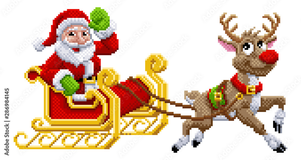Santa Claus and his Christmas reindeer sleigh in an 8 bit pixel art ...