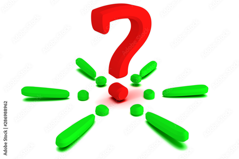 A red question mark in the middle of fallen green exclamation marks ...
