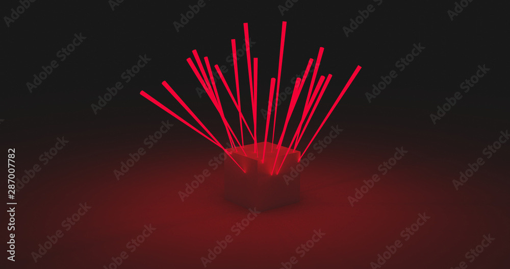 Red light stick pierced cube with dark background. 3D background with ...