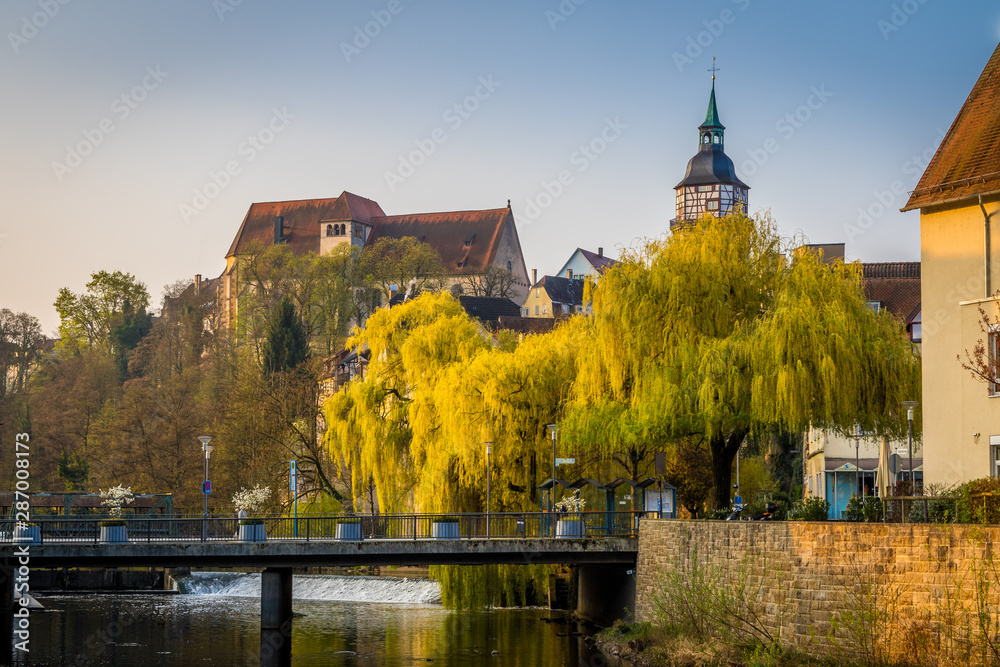 Stockfoto Backnang Stadtturm, Stiftskirche und Biegelbrücke | Adobe Stock