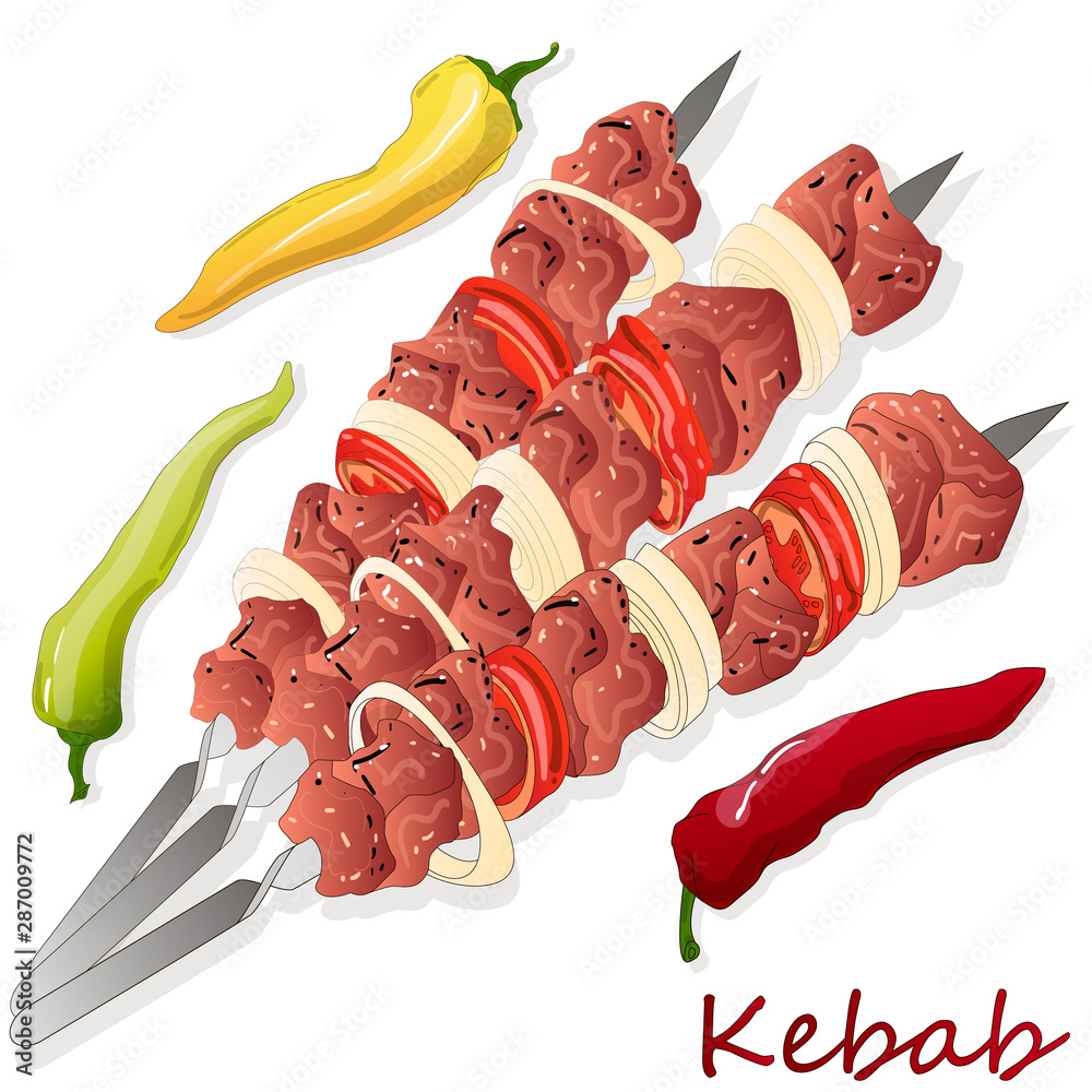 Shish kebab with onion and cherry tomato. Grilled meat skewers. Top ...