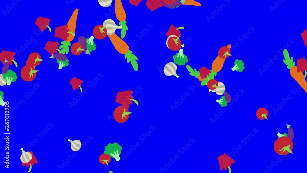 Fresh vegetables cartoon style rain falling on green screen background ...