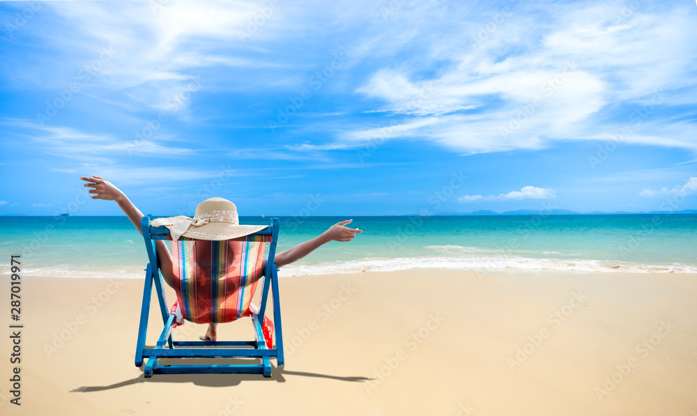 Young women in bikini relax on beach, Vacation concept. Stock Photo ...