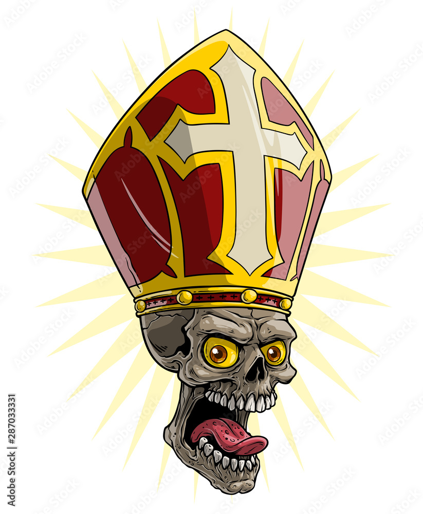 Cartoon detailed realistic colorful scary human skull in catholic ...