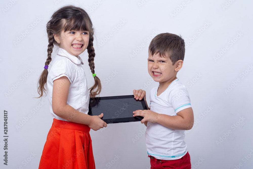 Angry and nervous kids scolding with each other. Family and modern ...