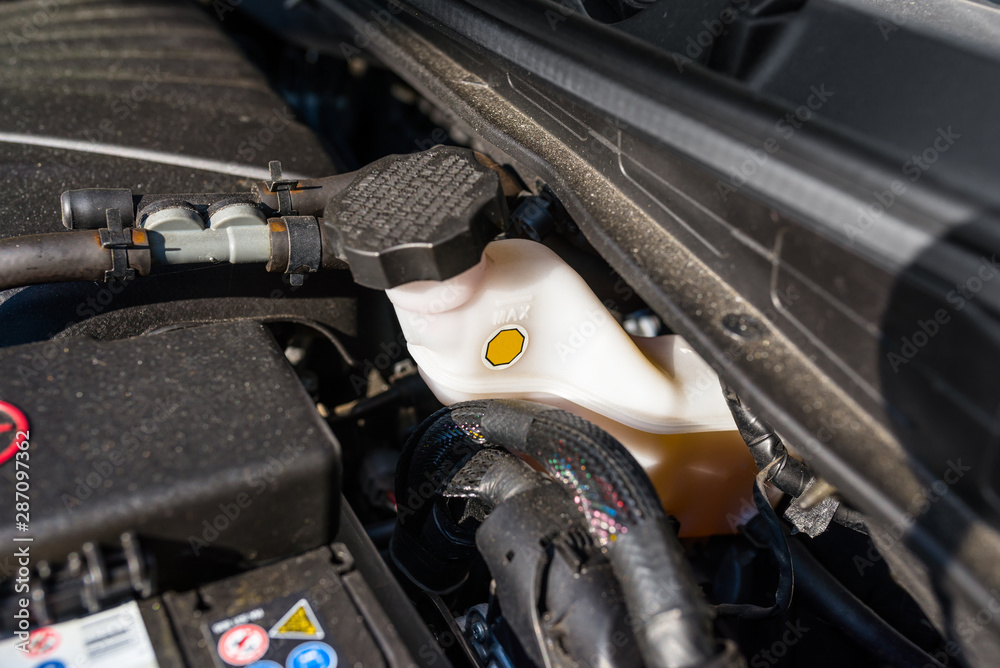 Expansion tank for brake fluid inside the engine compartment. Stock ...