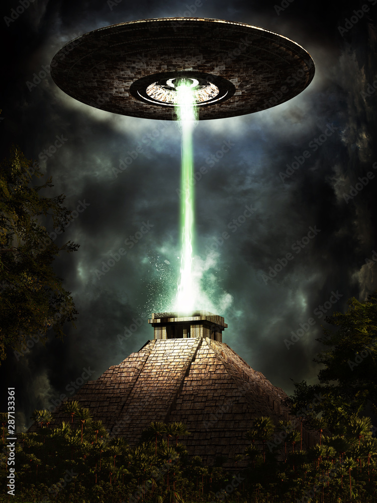 Flying saucer over aztec pyramid Stock Illustration | Adobe Stock