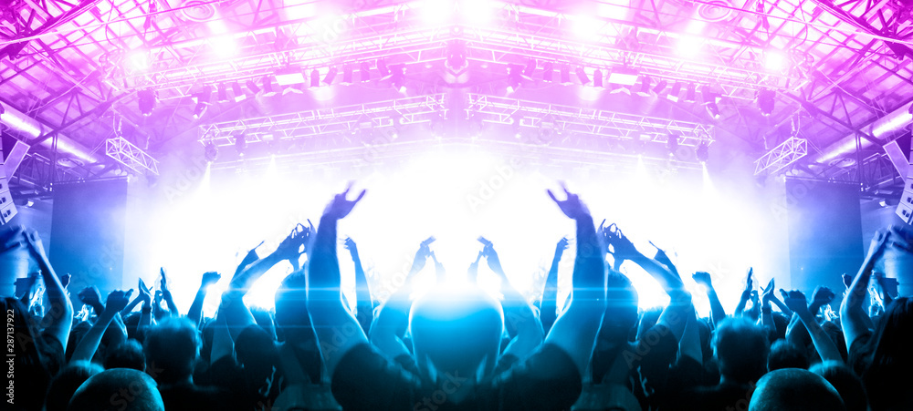 Shot taken inside a concert hall, people are visible in front of the ...