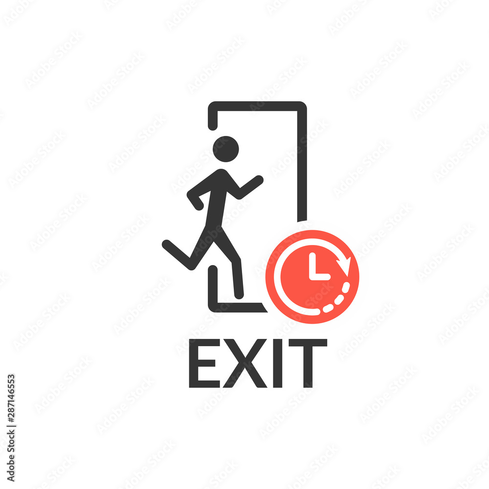 Emergency exit with human figure icon with clock sign, countdown ...